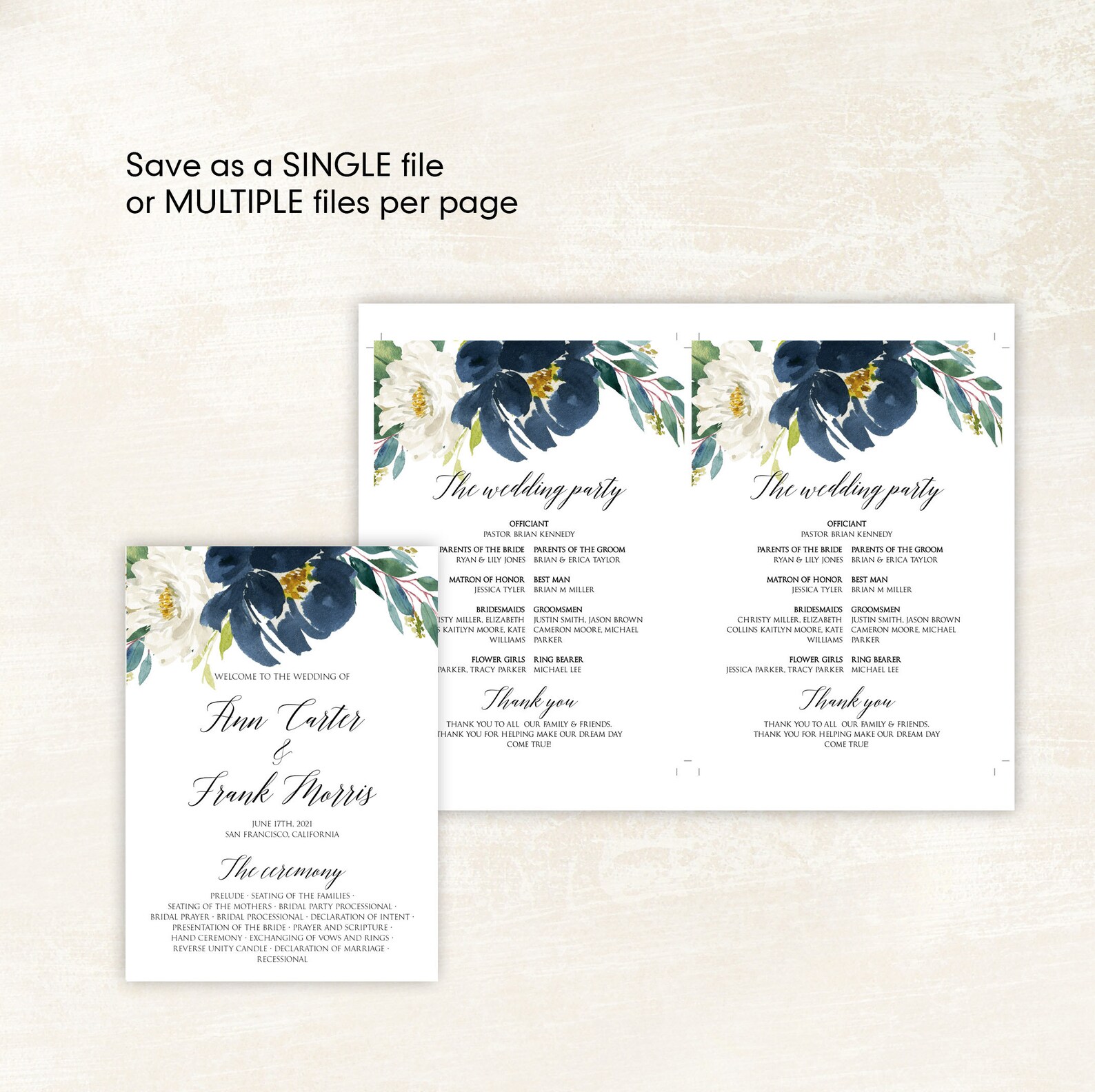 Fan Program Template, Navy Fan Program, Wedding Fan Program, Floral ...