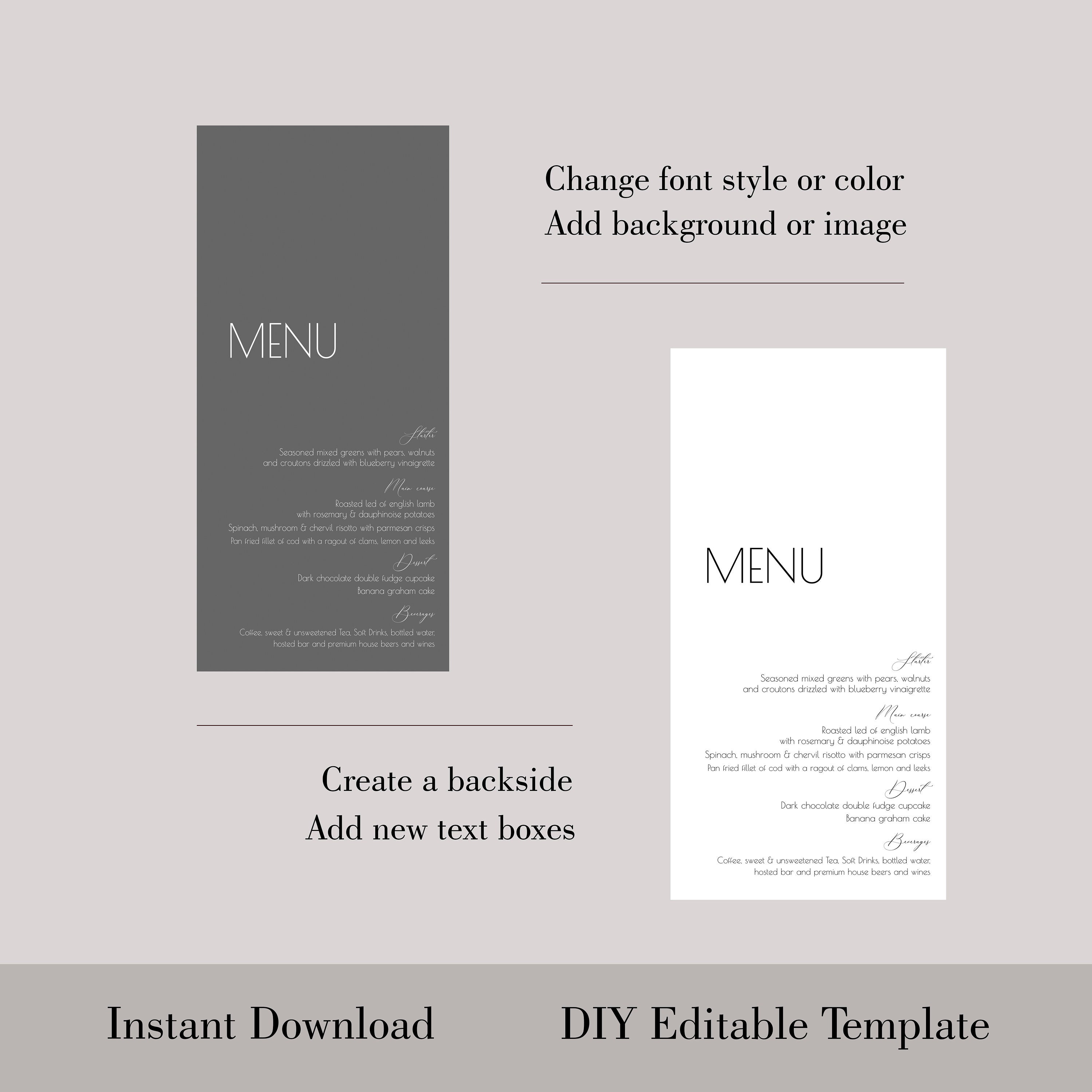 Simple Modern Menu Card Template Minimal Wedding Menu 100% - Etsy