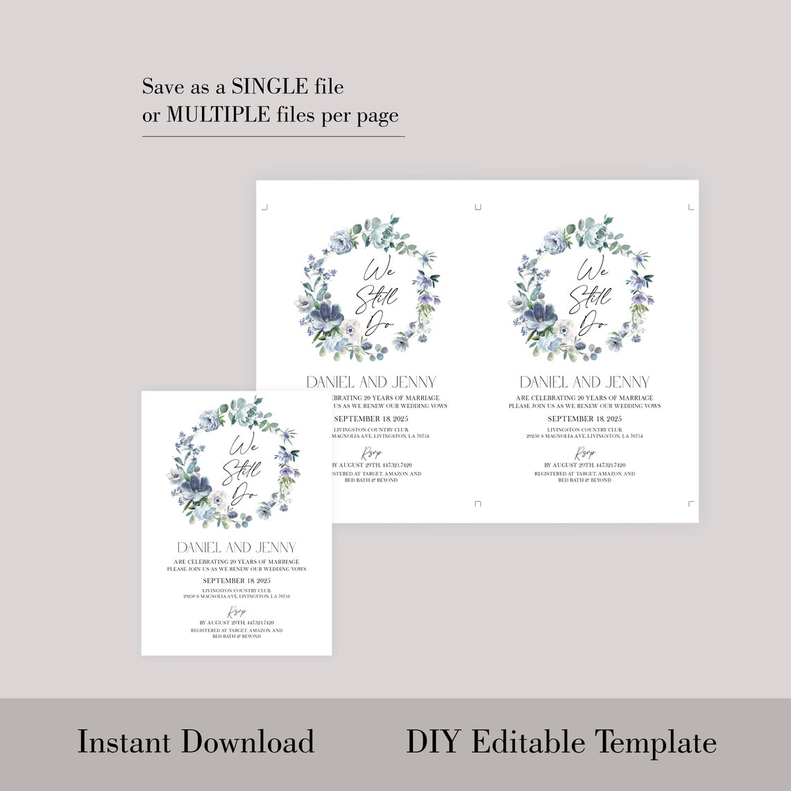 Blue Floral We Still Do Invitation Template, Dusty Blue Vow Renewal ...
