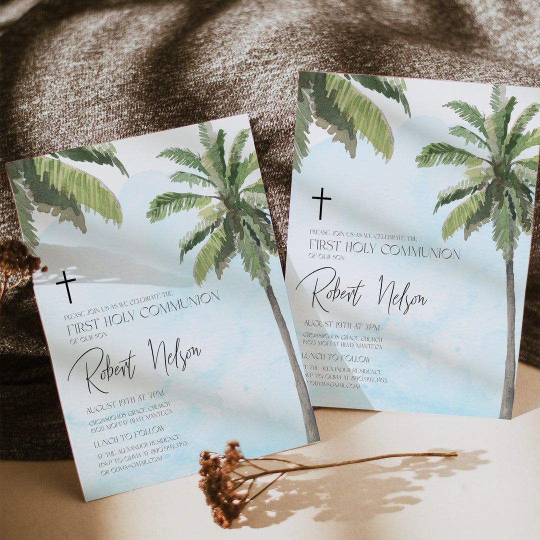 Tropical First Holy Communion Invitation Template, Palm Tree Religious ...