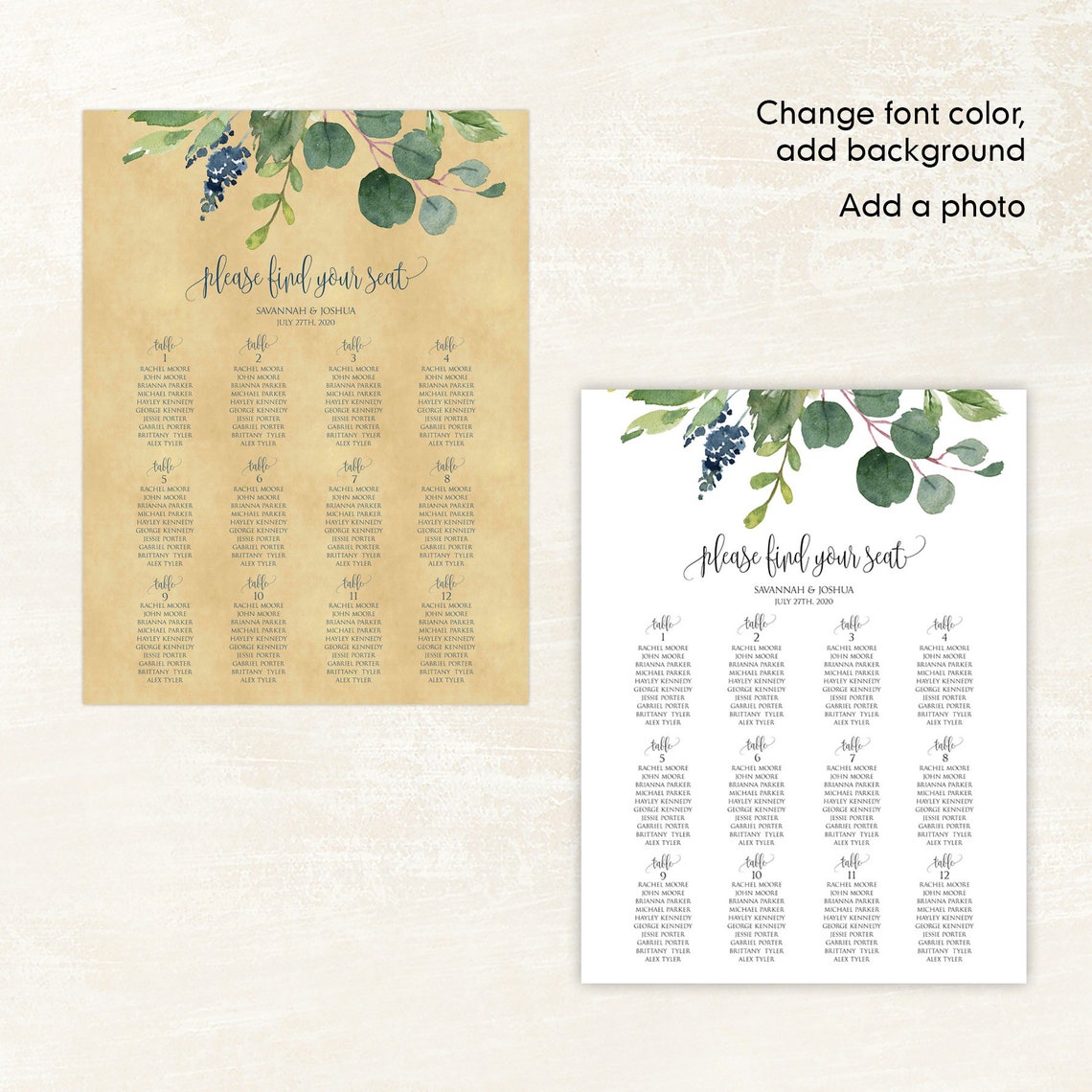 Eucalyptus Seating Chart Template, Greenery Wedding Seating Chart ...
