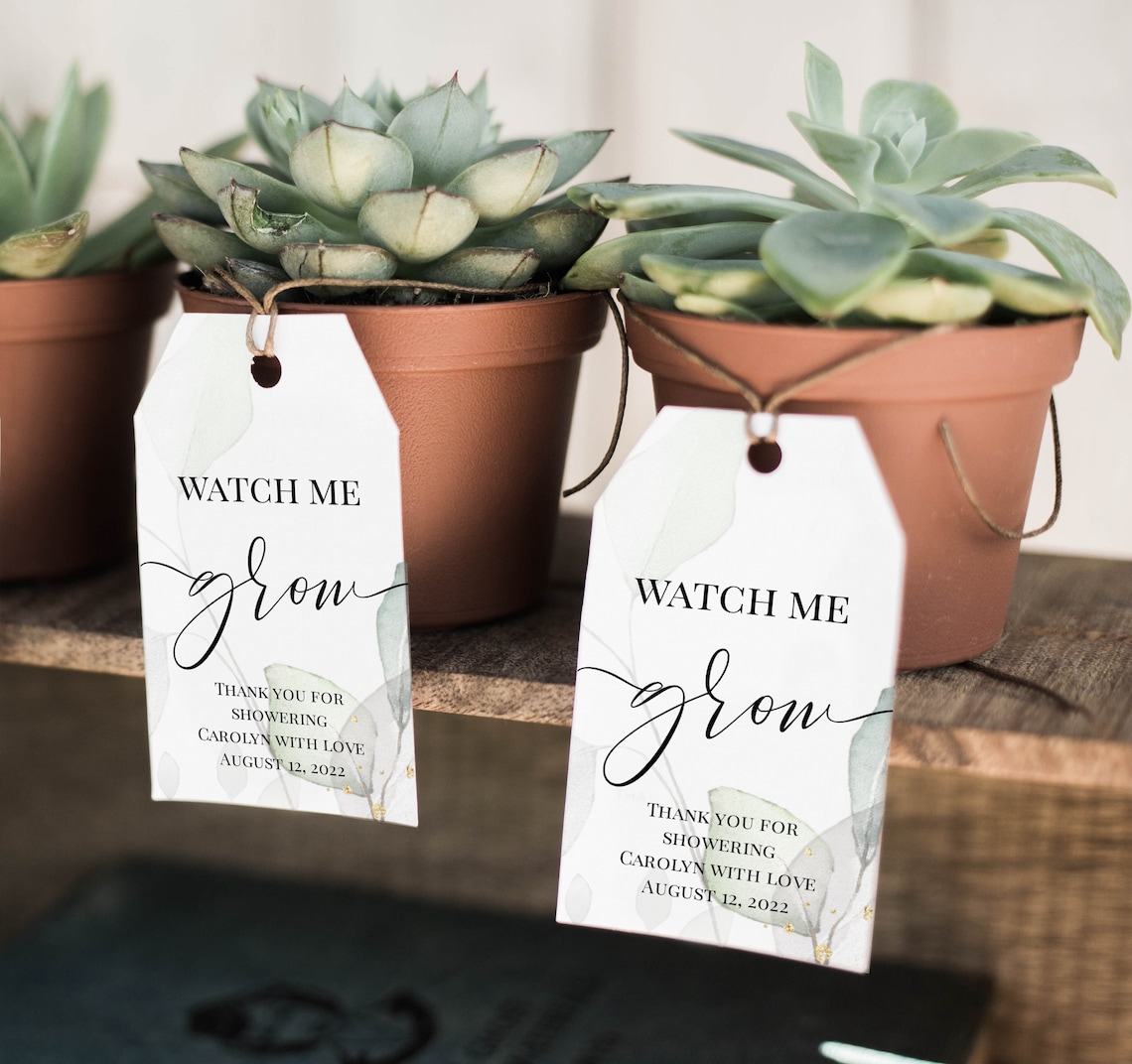 Gold Greenery Watch Me Grow Tag Template, Baby Shower Favor Tags ...