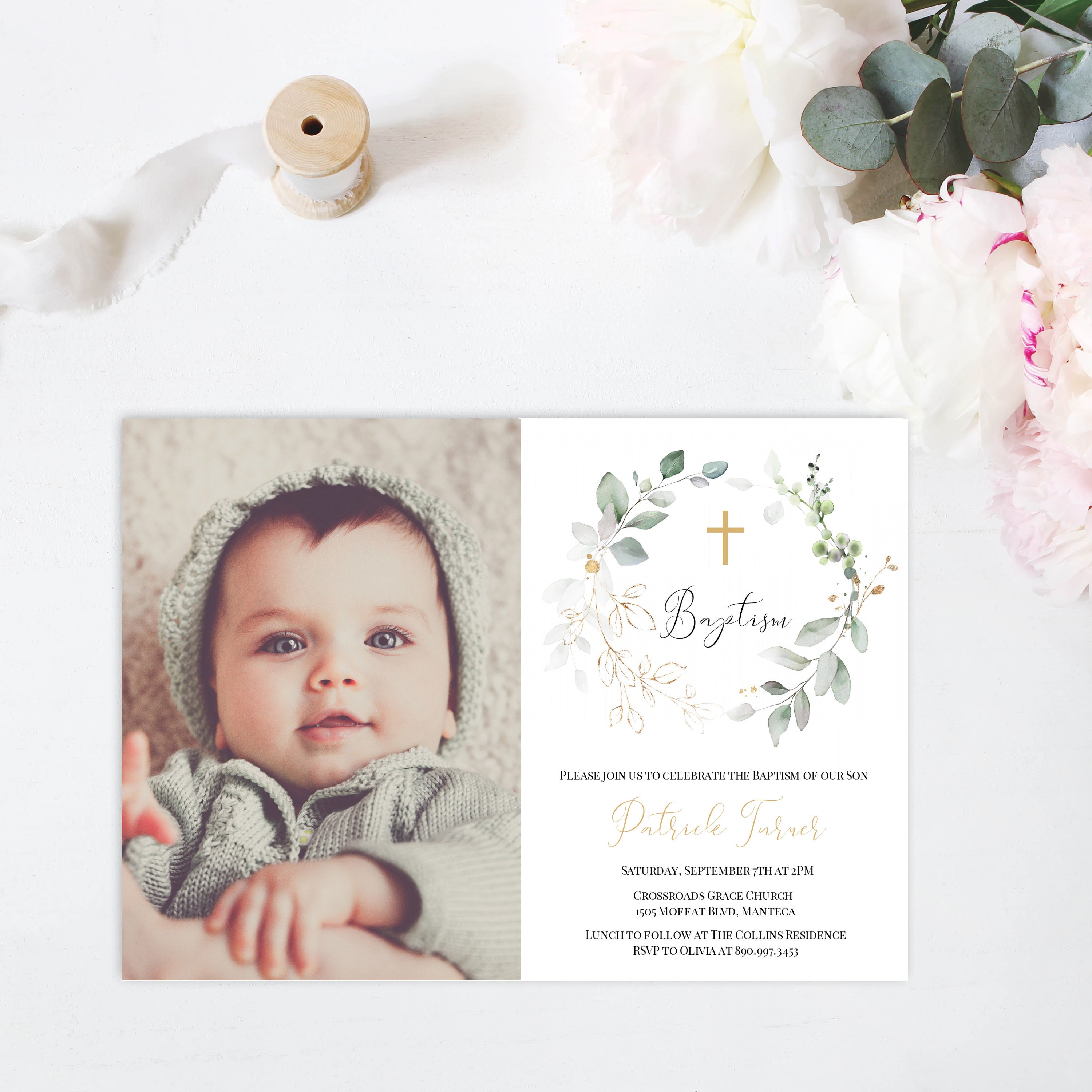 Gold Baptism Invitation Boy Baptism Invitation Greenery - Etsy
