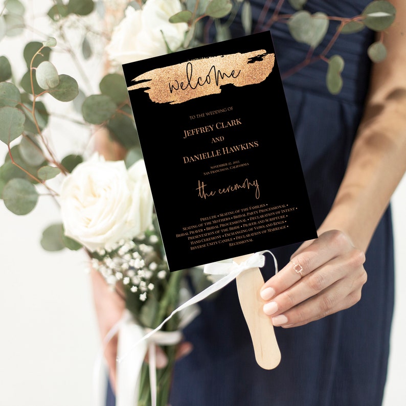 Black and Gold Fan Program Template, Wedding Fan Program, 100% Editable ...