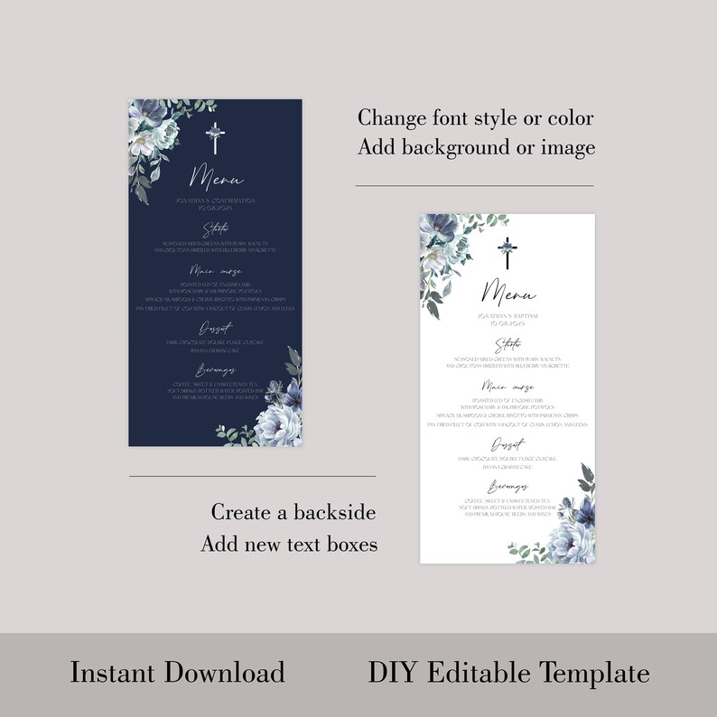 Blue Floral Baptism Menu Card Template Boy Religious Menu - Etsy