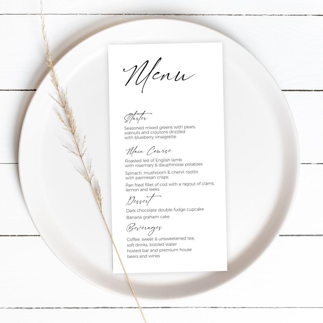 Modern Menu Card Template, Simple Menu, Minimal Wedding Menu, 100% ...