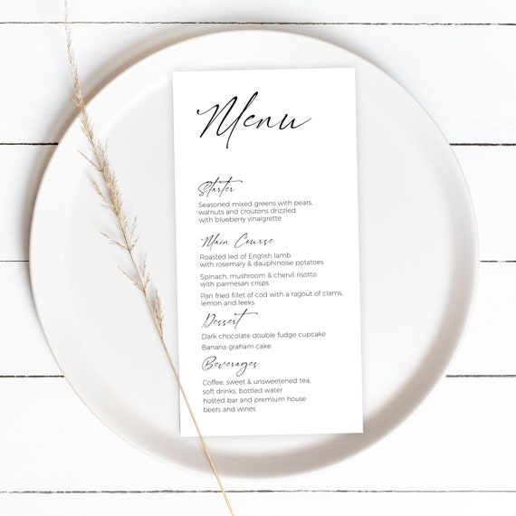 Modern Menu Card Template Simple Menu Minimal Wedding Menu | Etsy