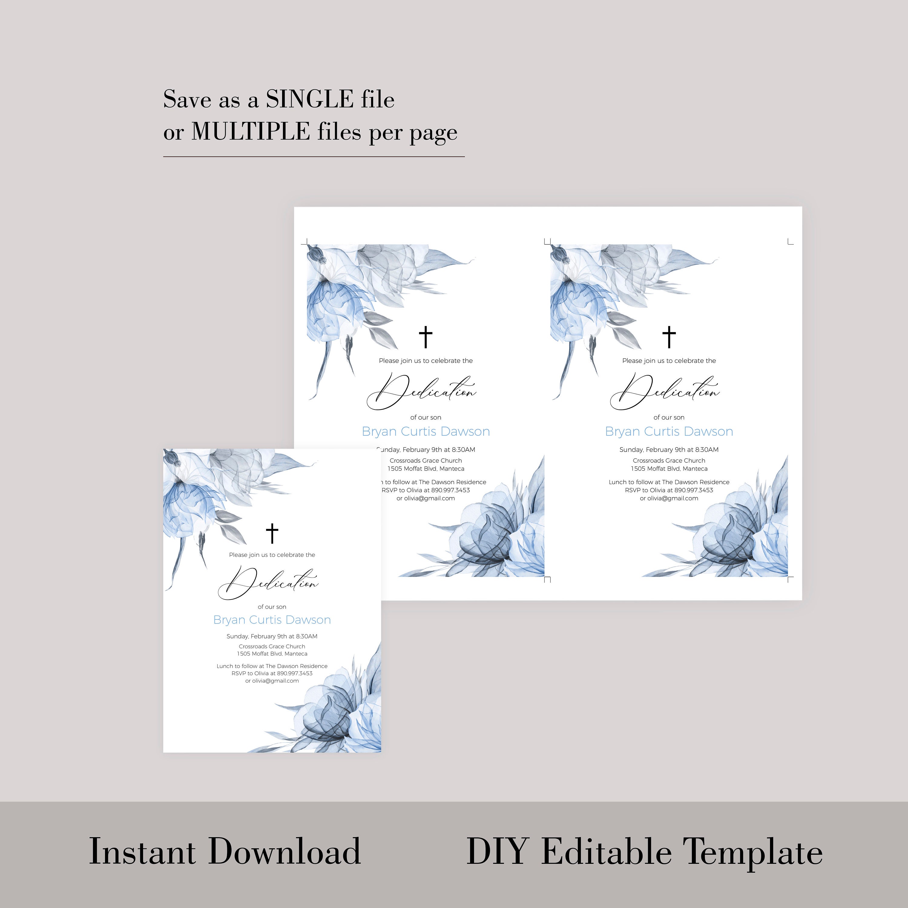 Dusty Blue Dedication Invitation Template, Boy Dedication, Grey ...