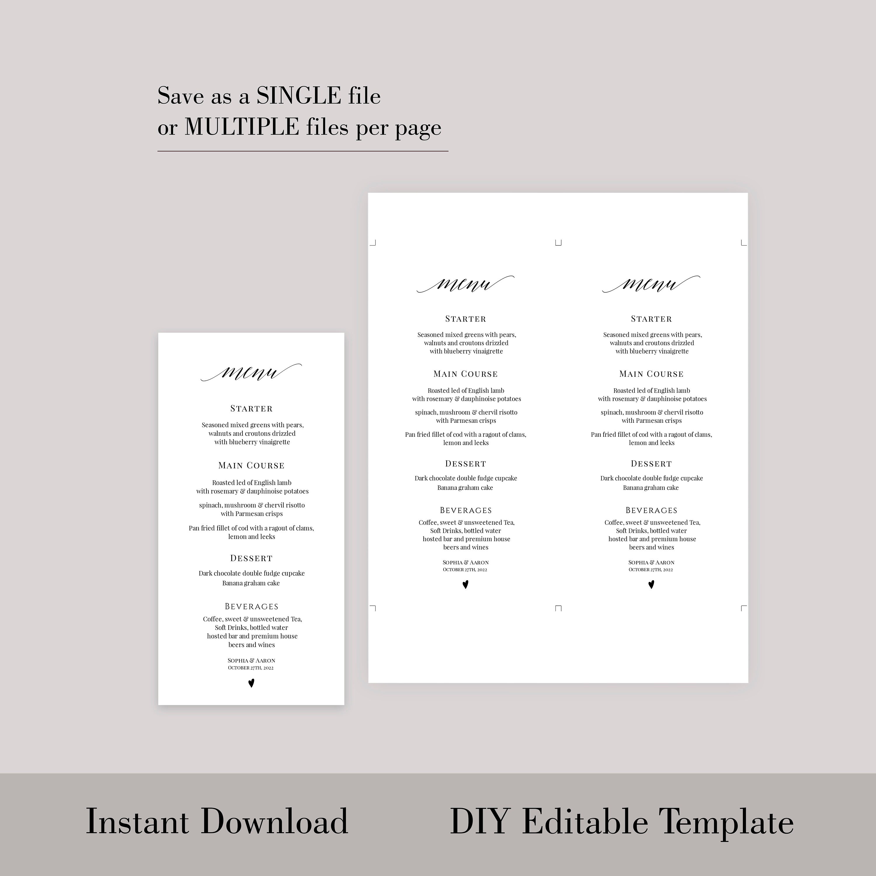 Classic Menu Card Template Simple Menu Modern Wedding Menu - Etsy Canada