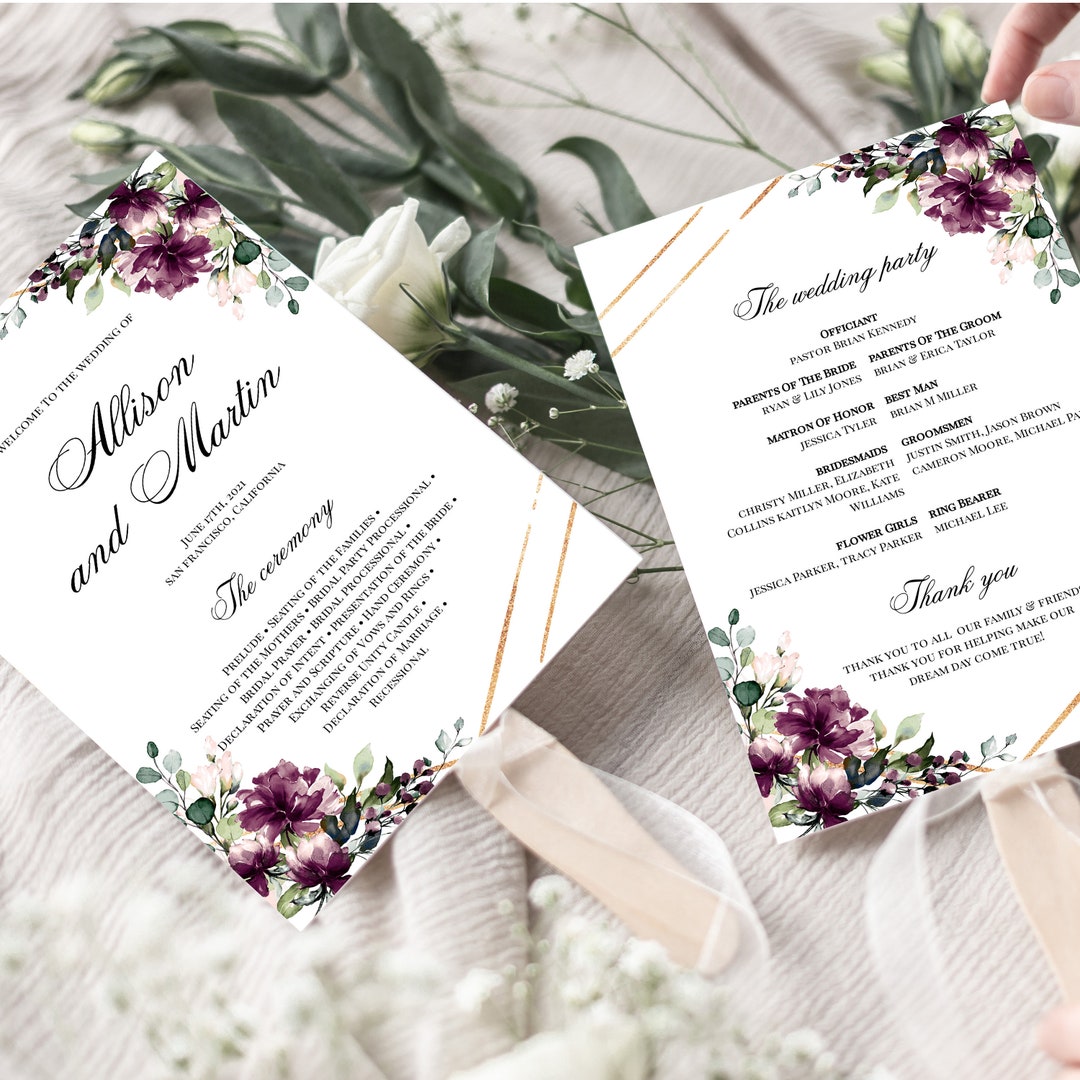 Purple Fan Program Template, Wedding Fan Program, 100% Editable ...