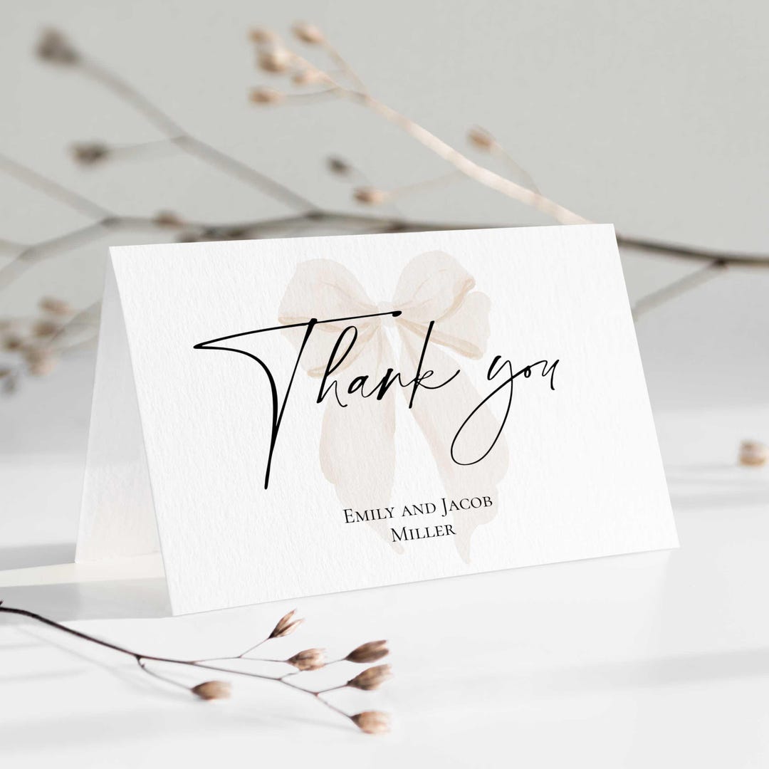 Beige Bow Thank You Card Template Editable Thank You Card With Bow ...