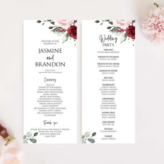 Burgundy Wedding Program Template Wedding Programs Printable | Etsy