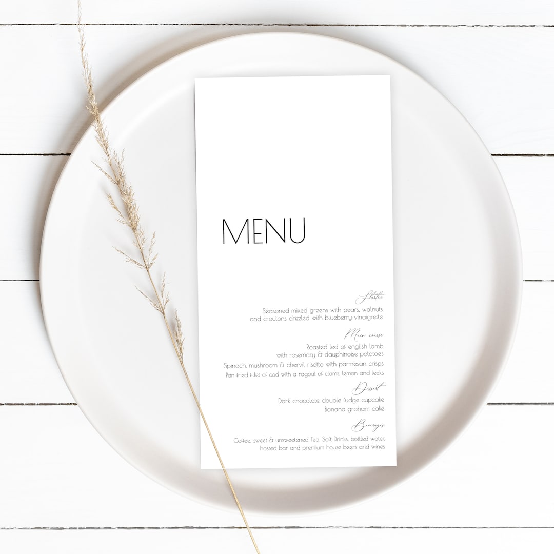 Simple Modern Menu Card Template, Minimal Wedding Menu, 100% Editable ...