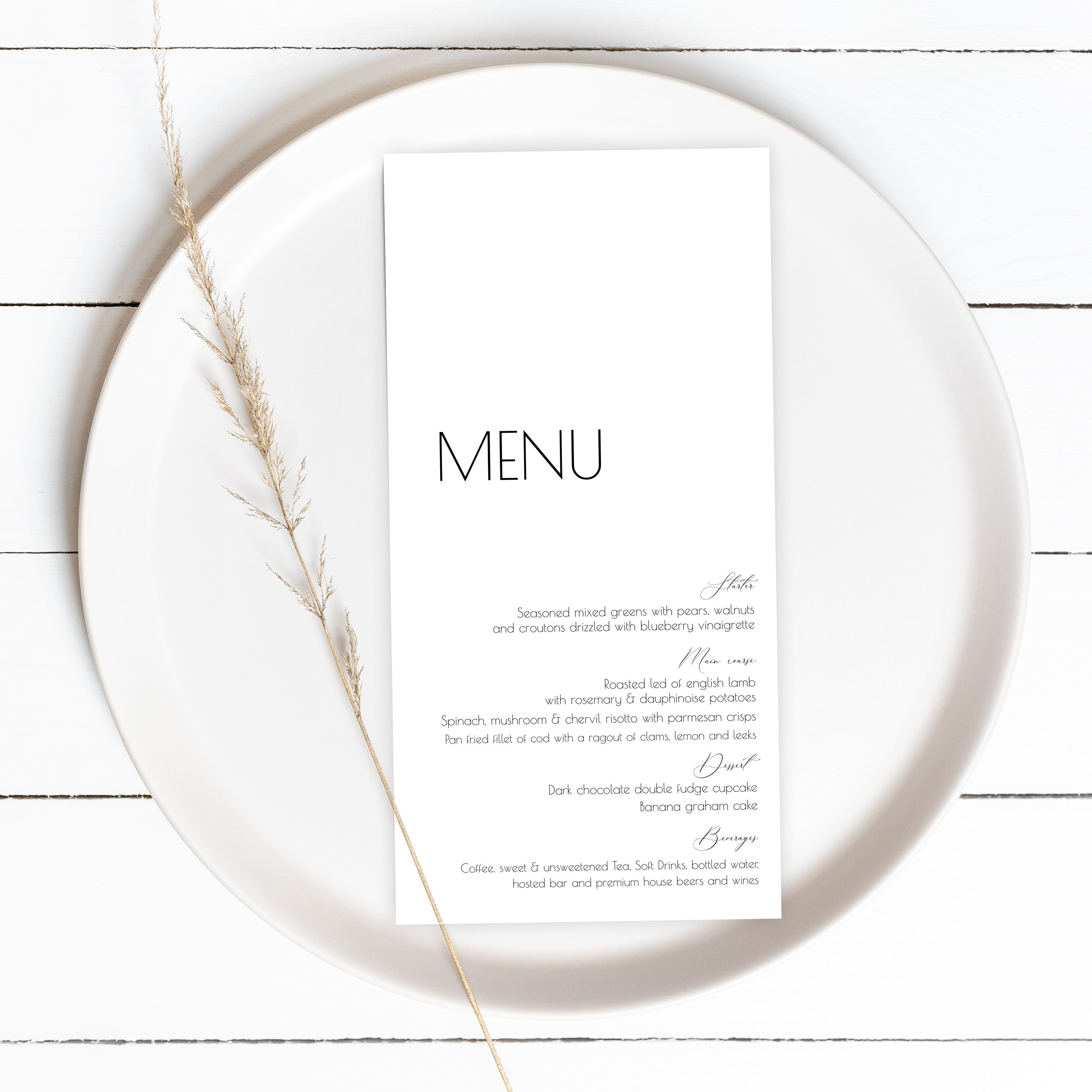 Simple Modern Menu Card Template Minimal Wedding Menu 100% - Etsy
