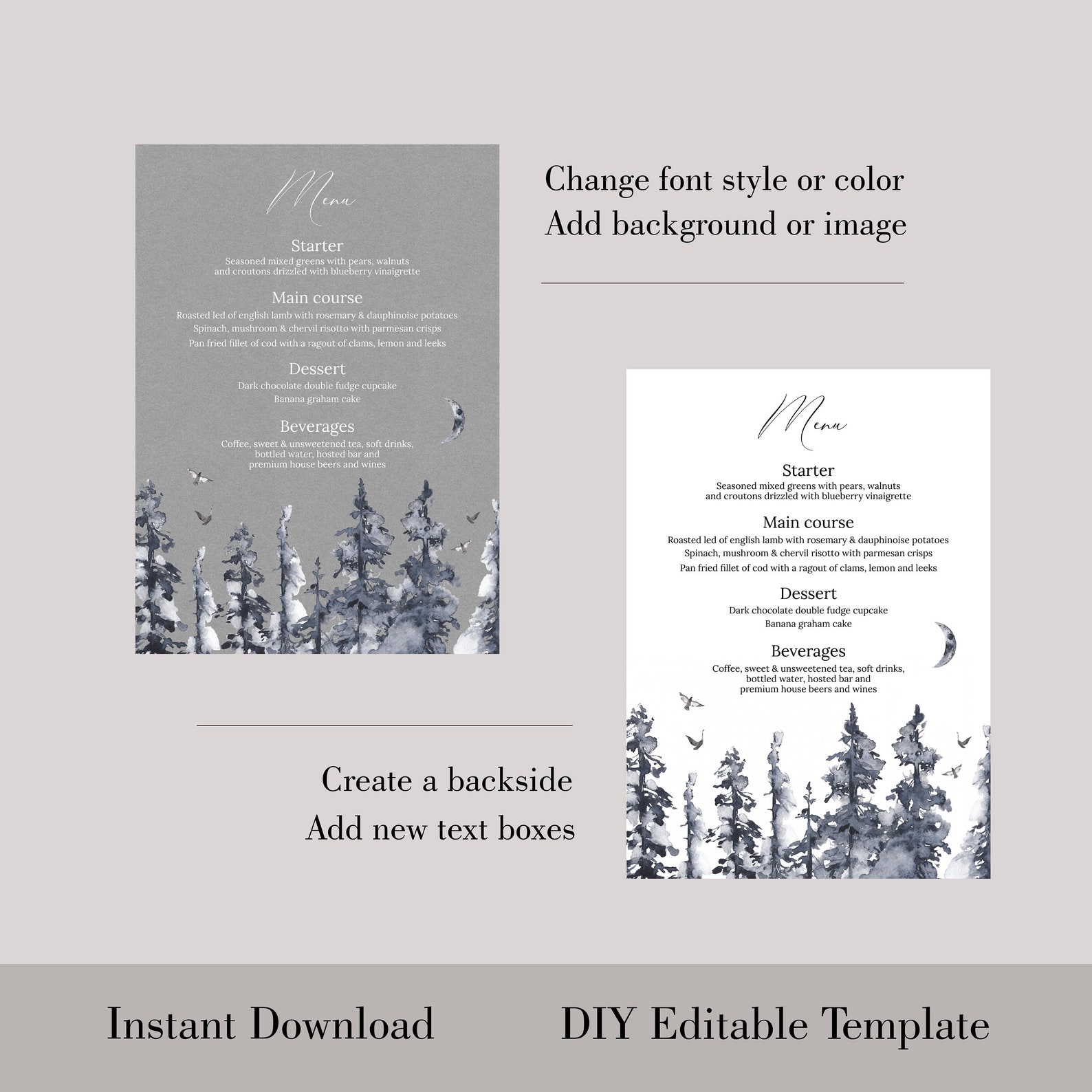 Forest Menu Card Template Black and White Menu Cards Modern - Etsy