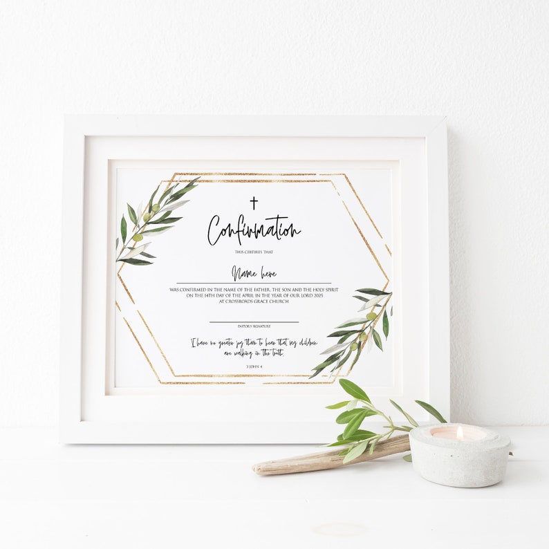 Confirmation Certificate With Olive Branch Editable Confirmation ...