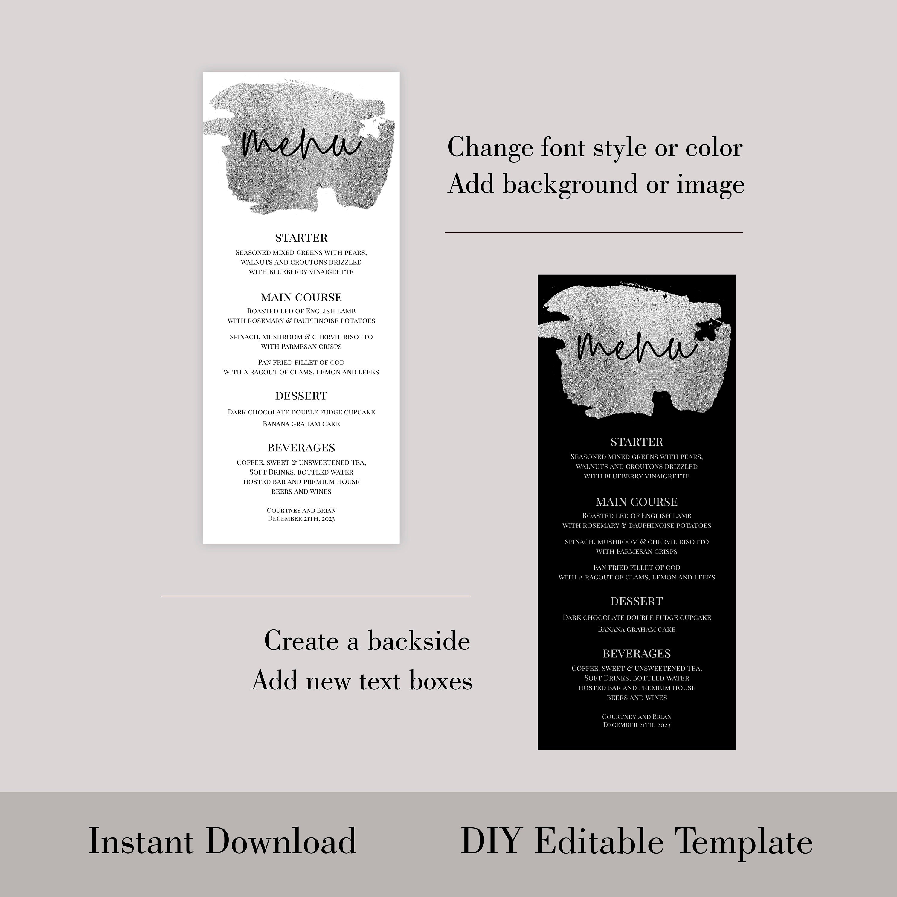 Black and Silver Menu Card Template Menu Template Modern - Etsy