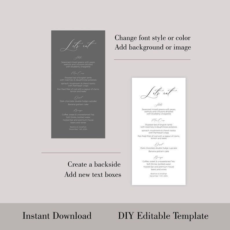 Elegant Menu Card Template Menu Template Modern Wedding | Etsy