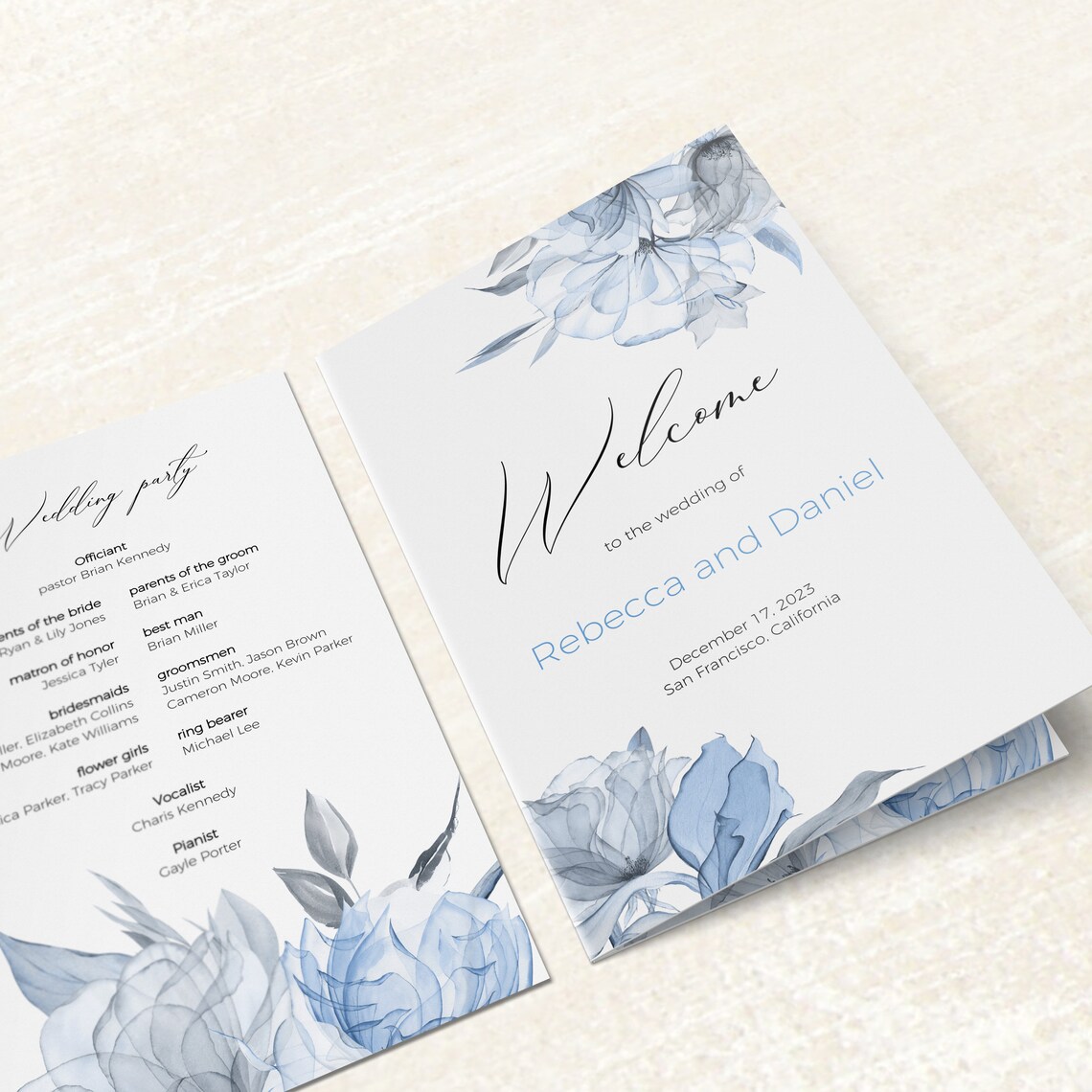 Dusty Blue Wedding Program Template, Folded Booklet, Floral Ceremony ...