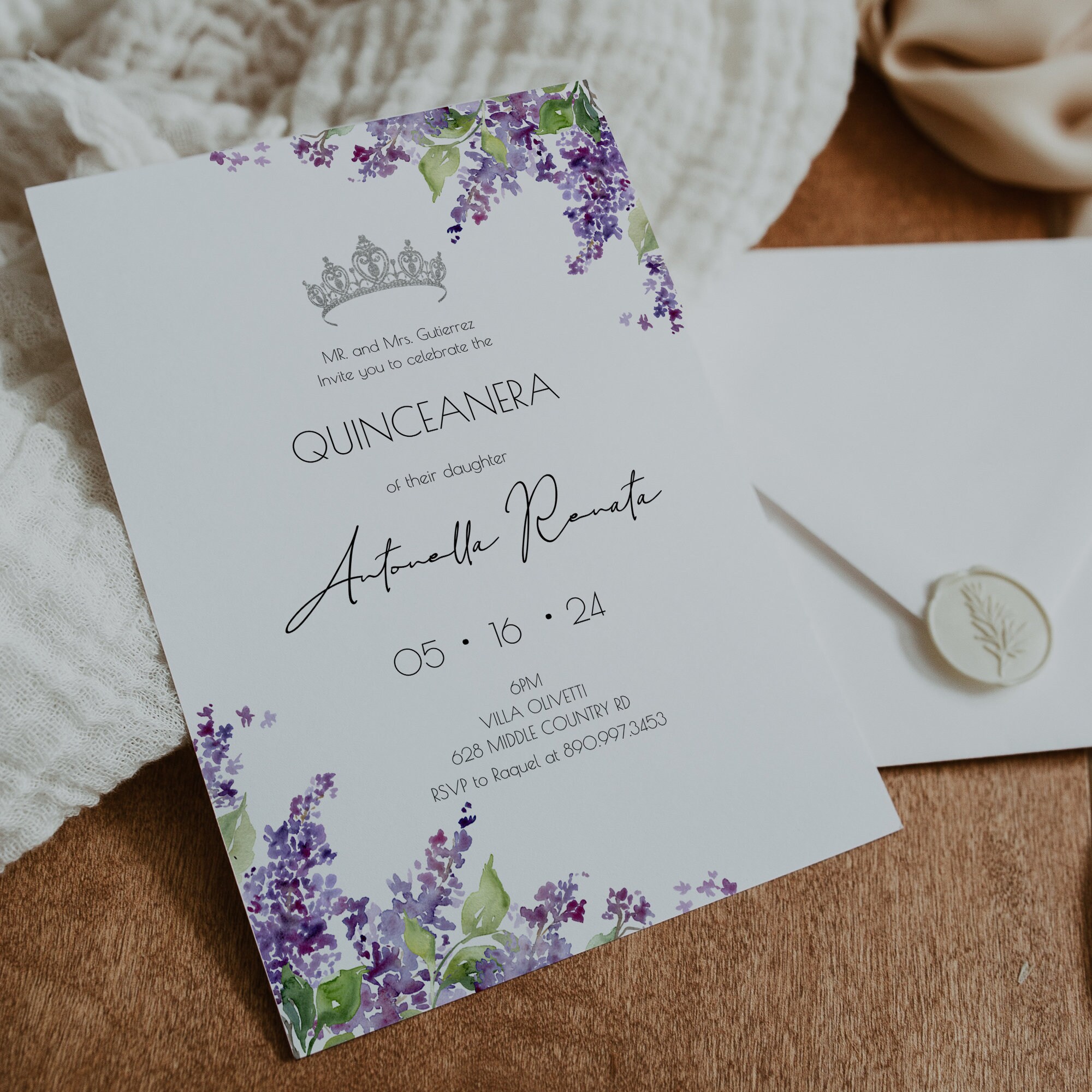 Lilac Floral Quinceanera Invitation Template Mis Quince Anos - Etsy