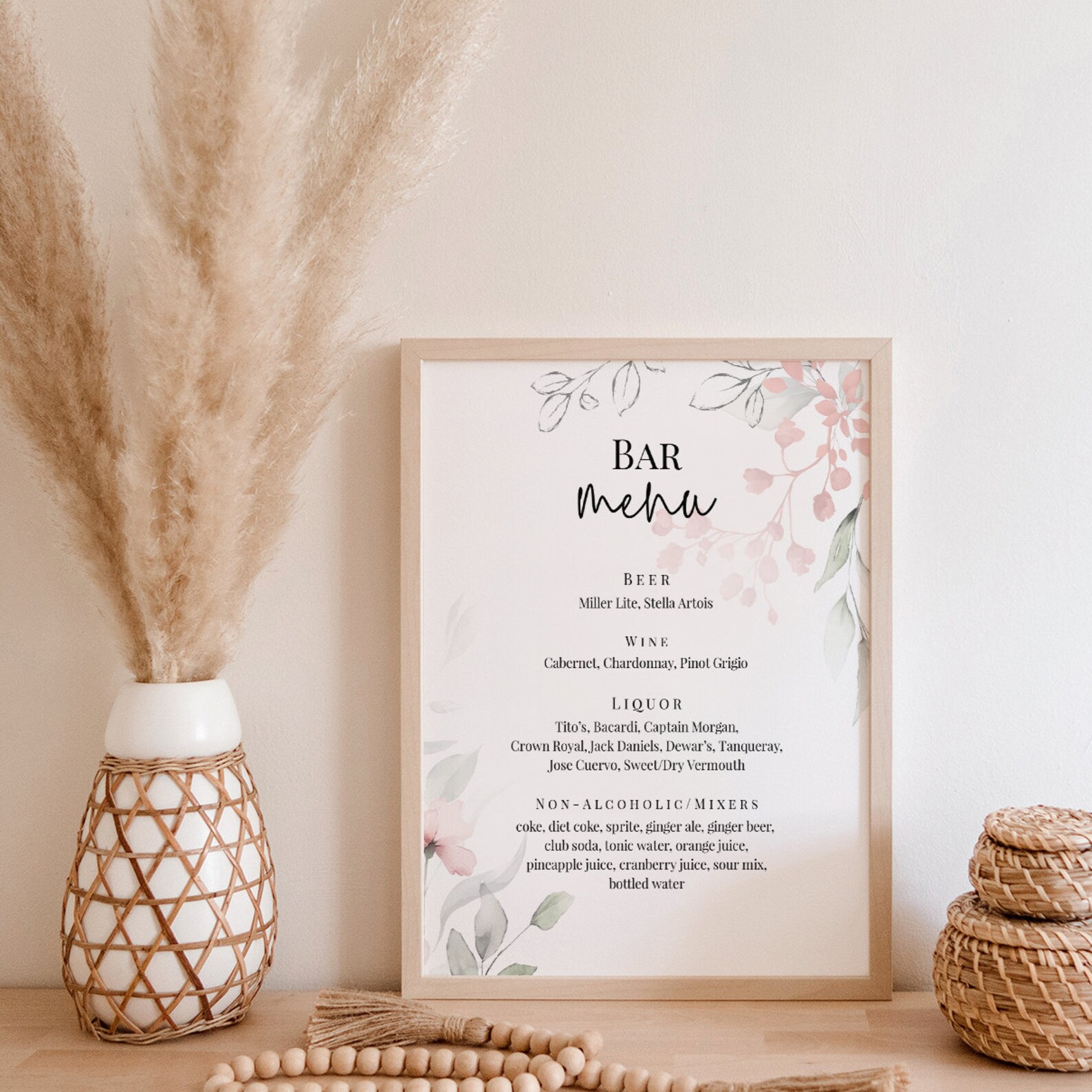 Boho Pink Bar Menu Template Open Bar Menu 8x10 Bar Menu | Etsy