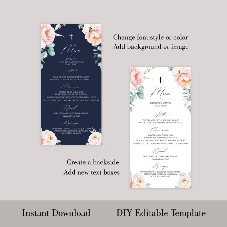 Peonies Baptism Menu Card Template Floral Menu Religious - Etsy