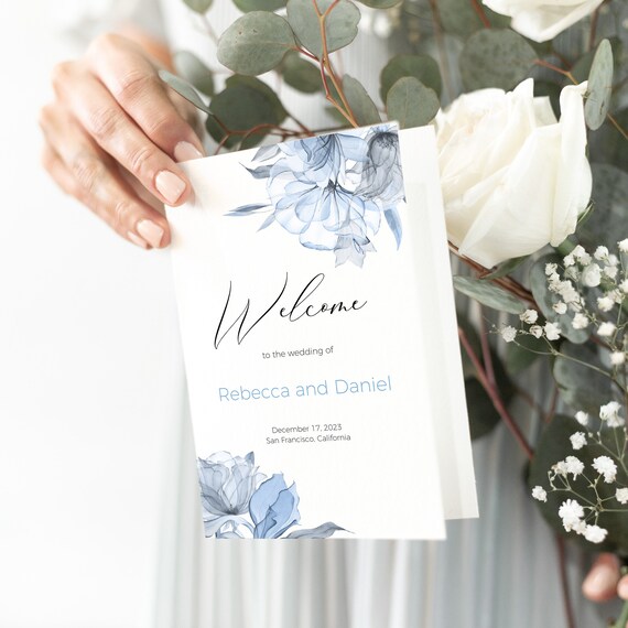 Dusty Blue Wedding Program Template Folded Booklet Floral | Etsy