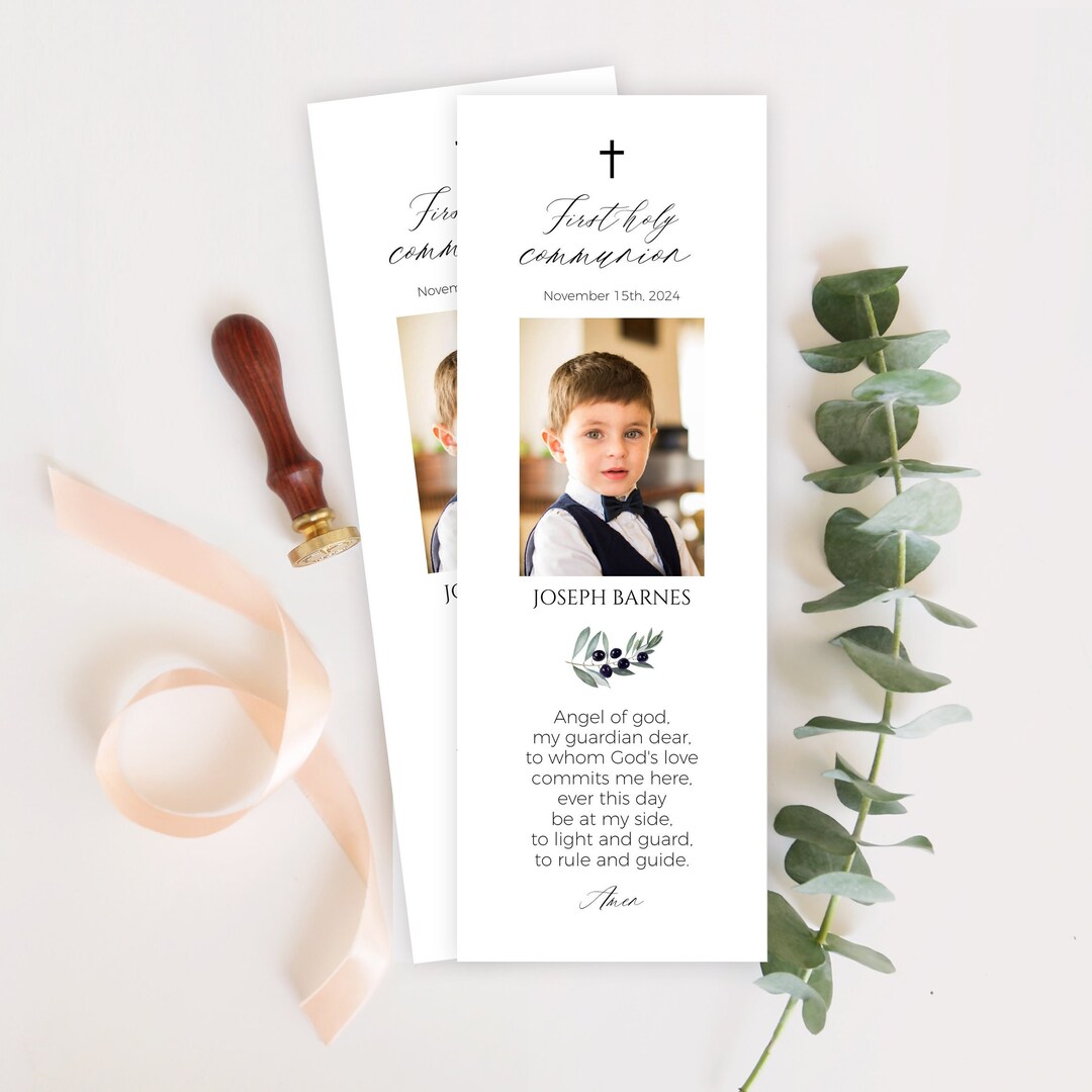 Olive Branch First Communion Bookmark Template, 100% Editable Photo ...