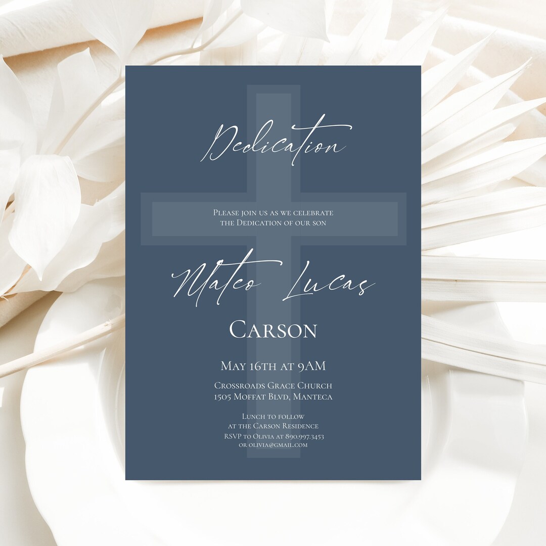 Dark Blue Modern Dedication Invitation Template Cross Dedication Boy ...