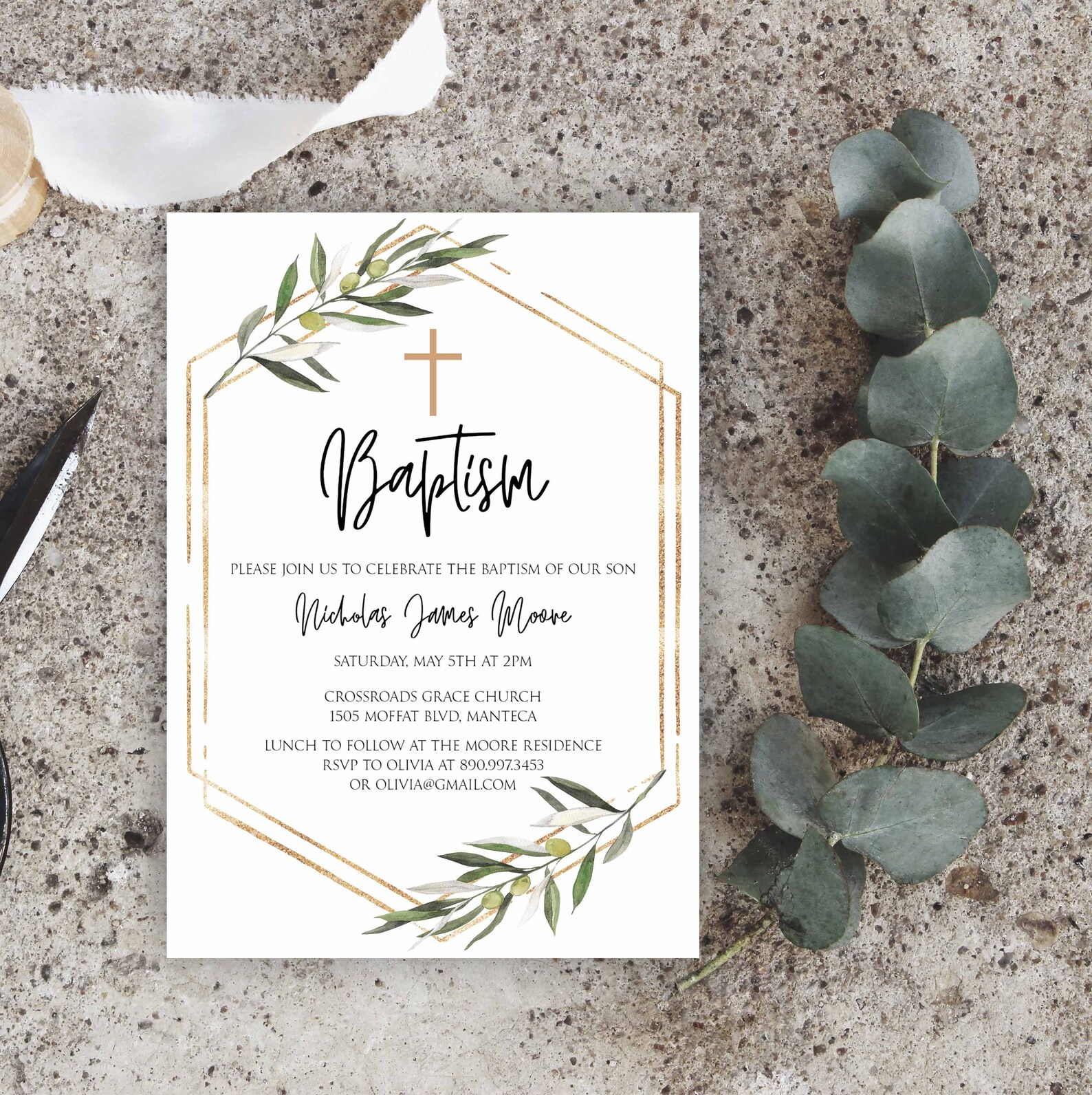 Gold Baptism Invitation, Greenery Baptism Invitation, Boy Baptism ...