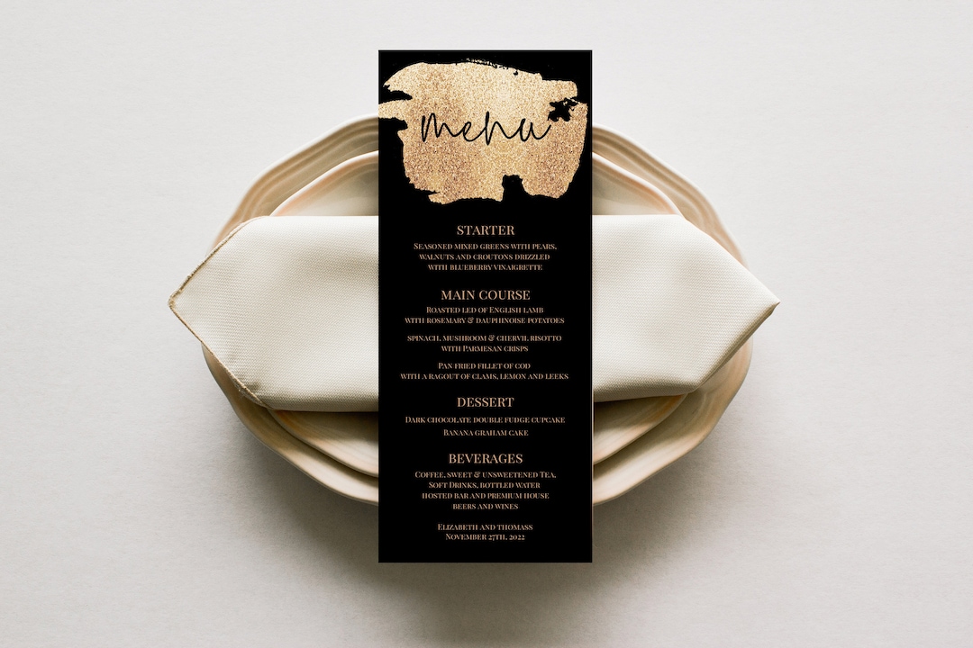 Black and Gold Menu Card Template, Menu Template, Modern Wedding Menu ...