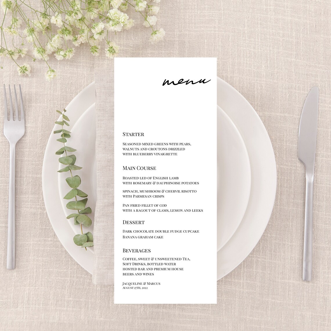 Minimalist Menu Card Template Menu Template Modern Wedding | Etsy
