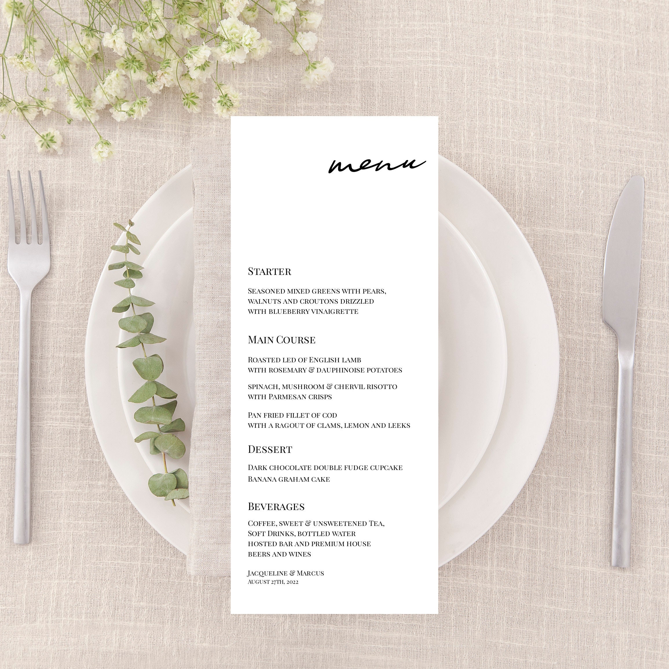 Minimalist Menu Card Template Menu Template Modern Wedding | Etsy
