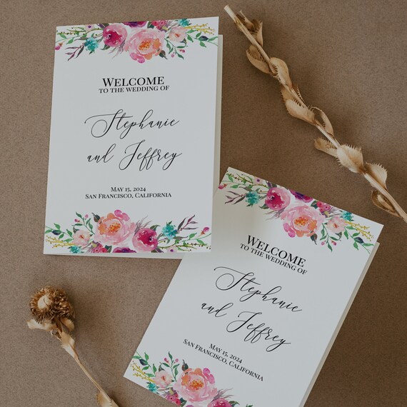 Teal Pink Wedding Program Template Folded Booklet Wedding - Etsy