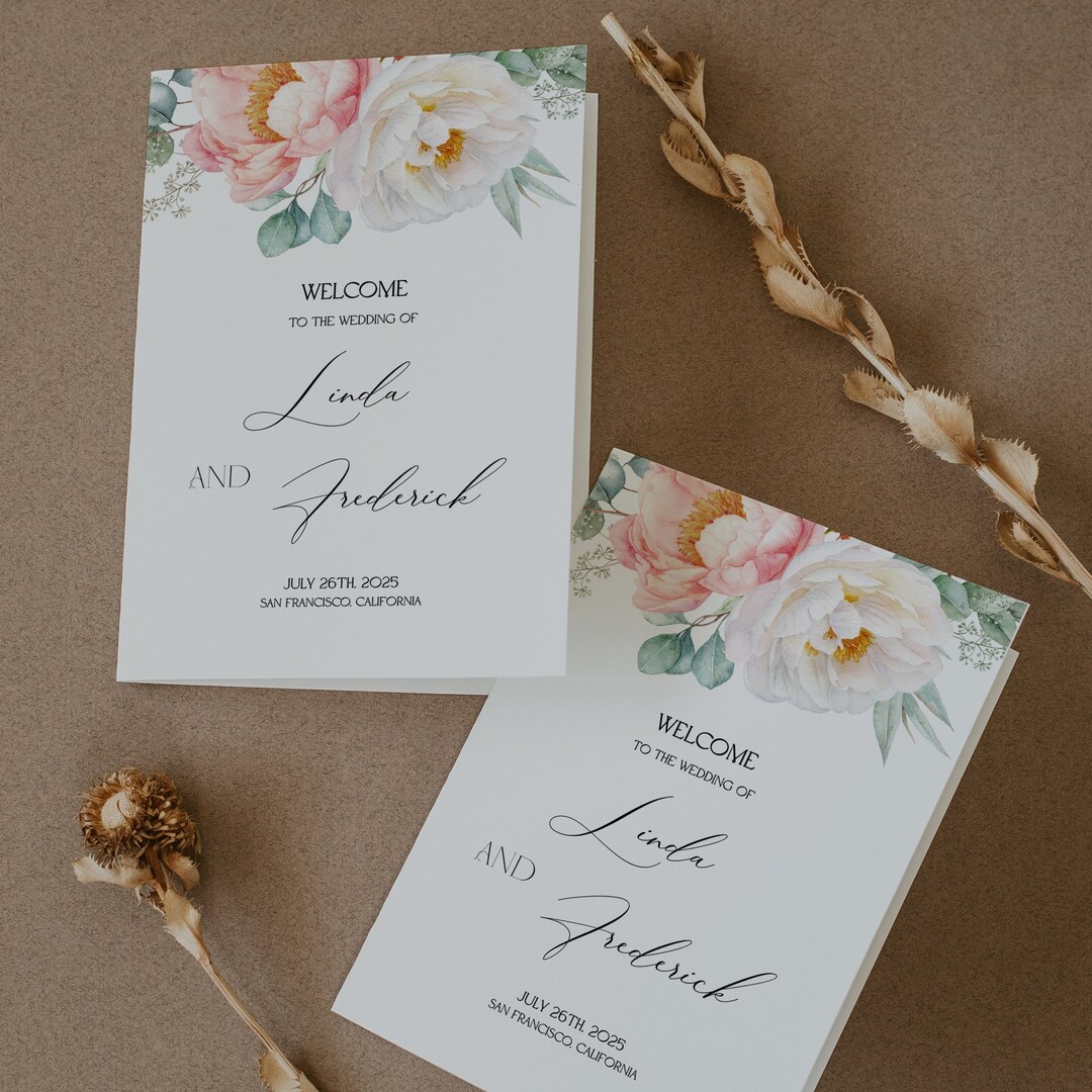 Peonies Wedding Program Template, Eucalyptus Folded Booklet, Wedding Ceremony, Folded Wedding ...