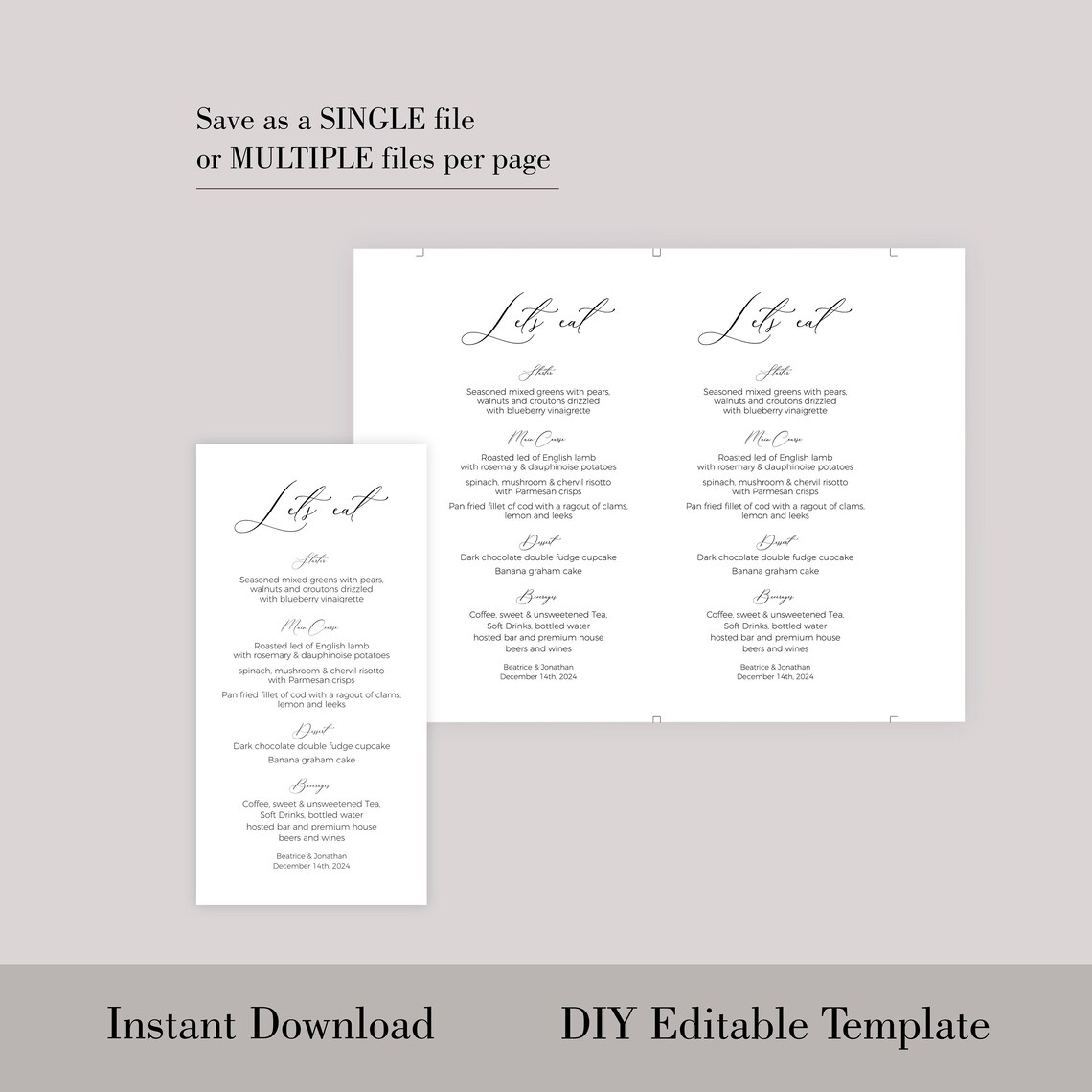 Elegant Menu Card Template Menu Template Modern Wedding | Etsy