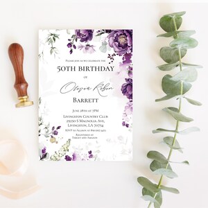 Purple Peonies Birthday Invitation Template Printable Birthday Invite ...