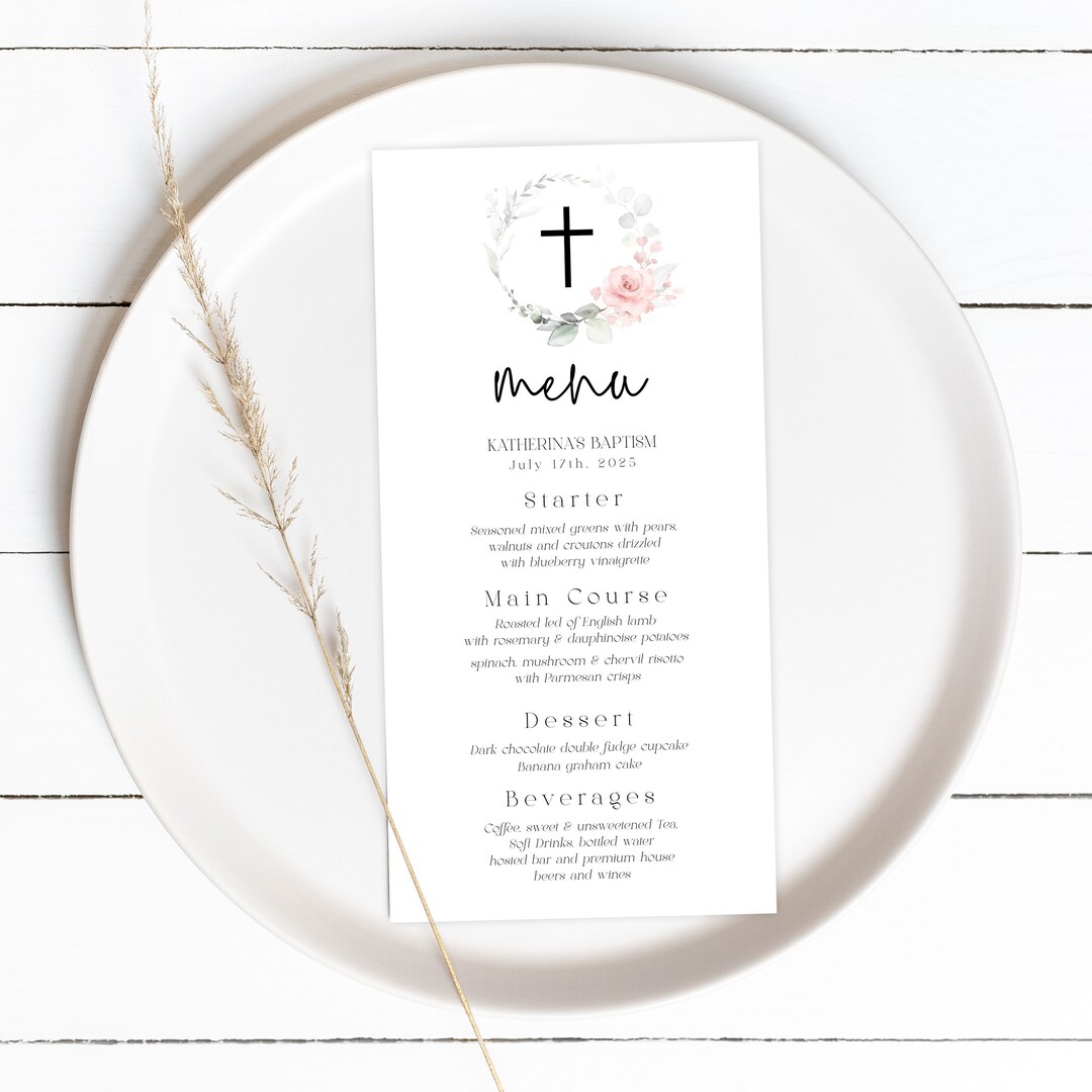 Blush Rose Baptism Menu Card Template, Floral Menu, Religious Menu ...