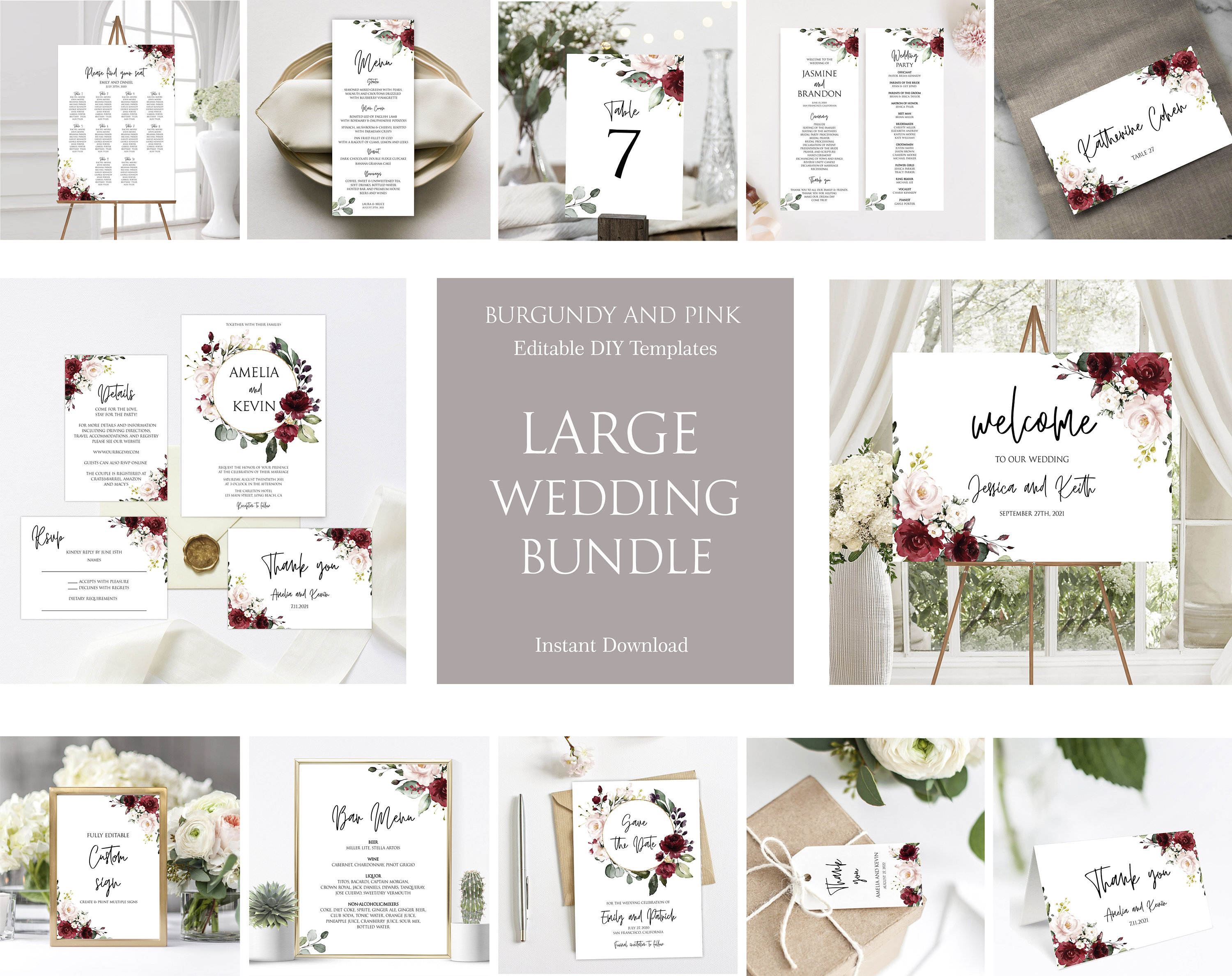 Burgundy Wedding Invitation Template Set Marsala Wedding - Etsy Canada