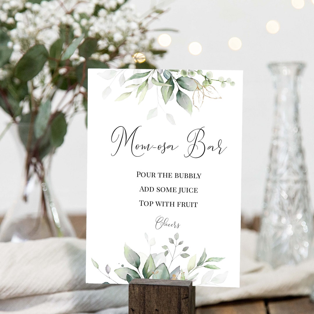 Gold Greenery Mom-osa Bar Sign, Mom-osa Bar Printable, Greenery Baby ...