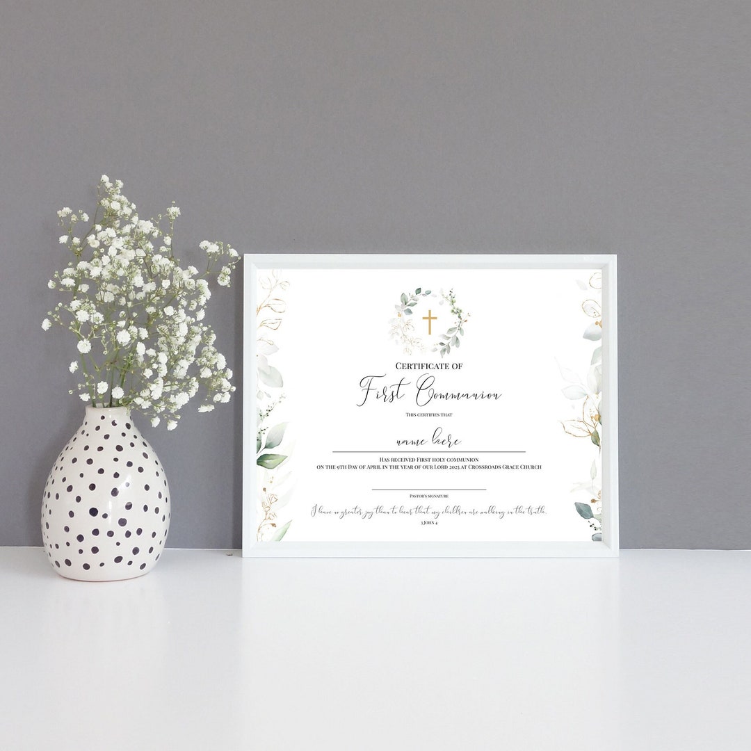 First Communion Certificate Template Gold Greenery Editable 1st ...