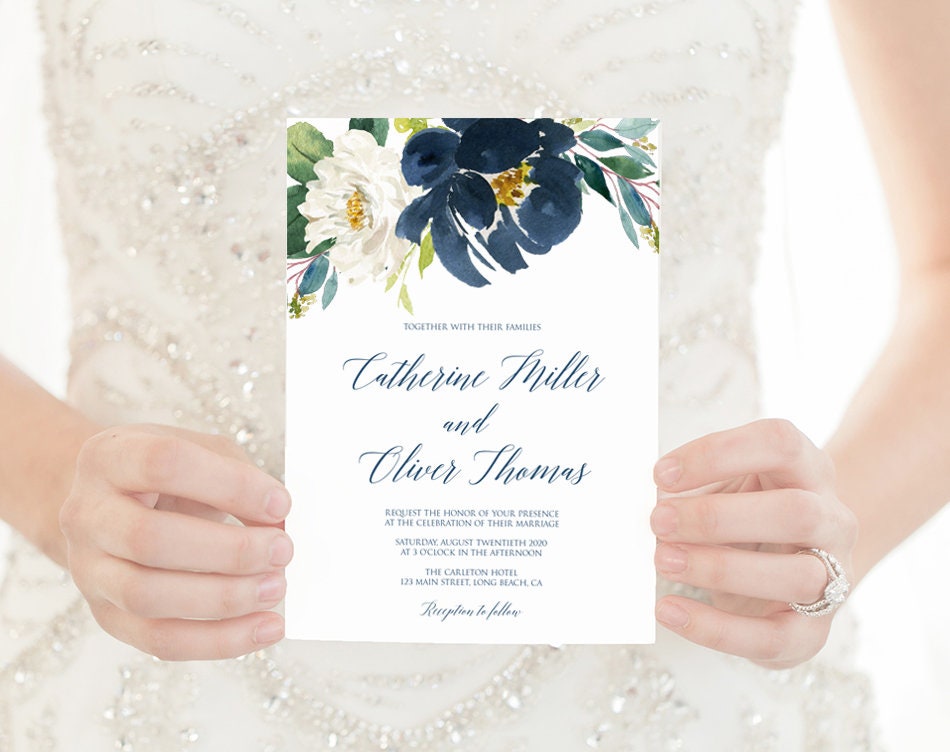 Navy Wedding Invitation Template, Navy Wedding Invite, Editable ...