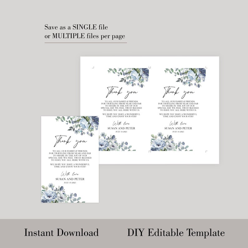 Blue Floral Thank You Note Template 100% Editable Dusty Blue - Etsy