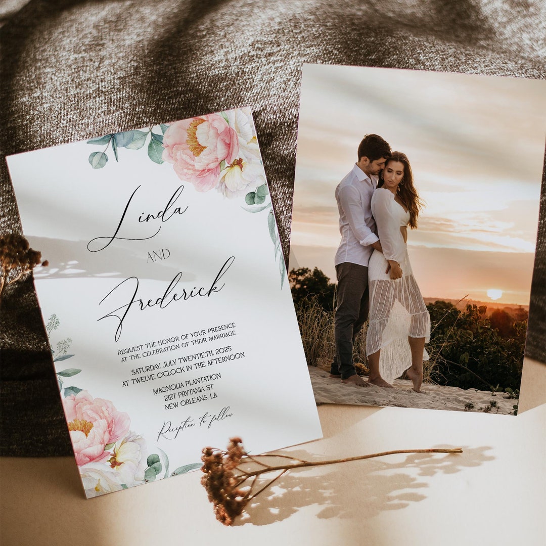 Peonies Wedding Invitation Template, Bohemian Wedding, Printable, 100% ...