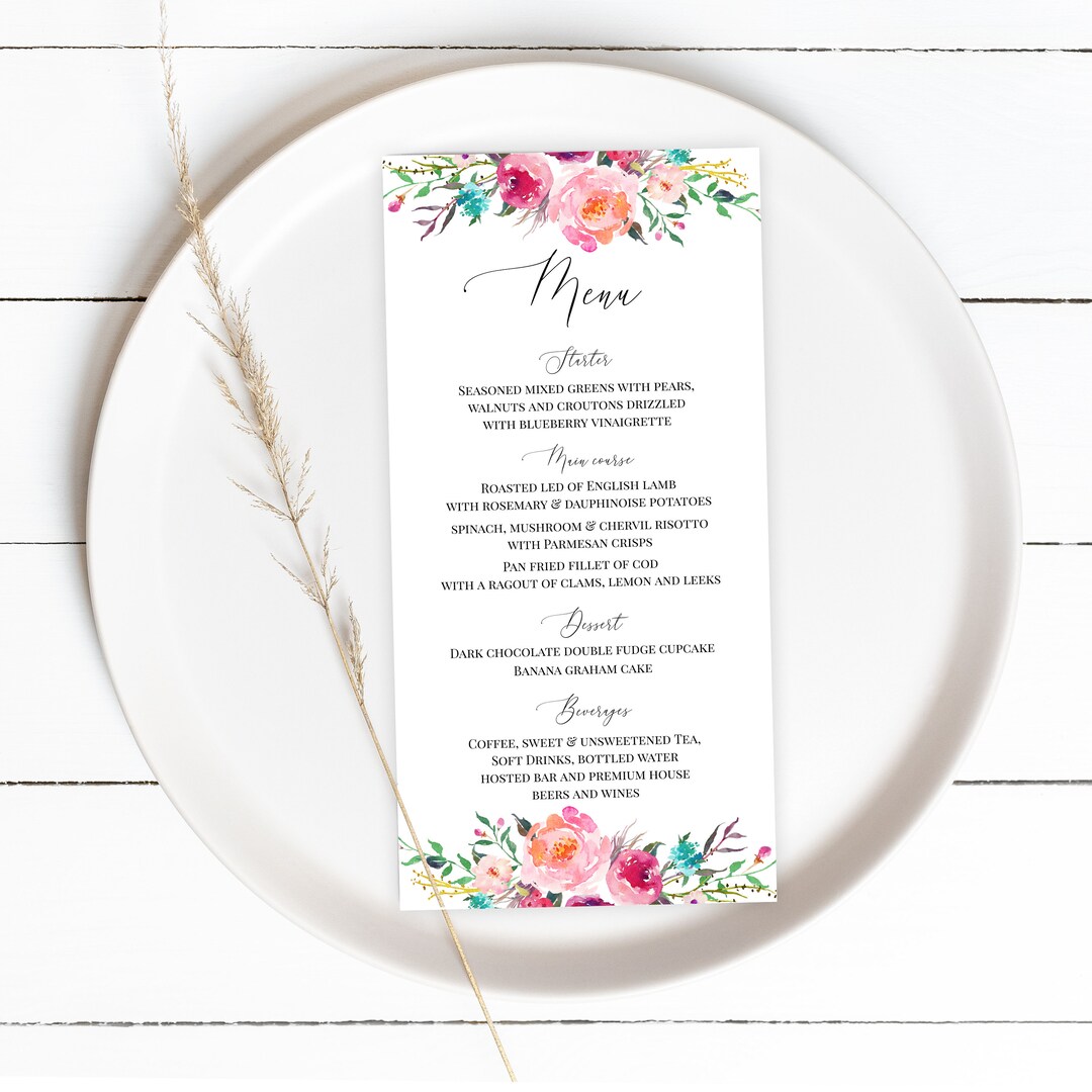 Teal Pink Menu Card Template, Floral Menu, Menu Cards, 100% Editable ...