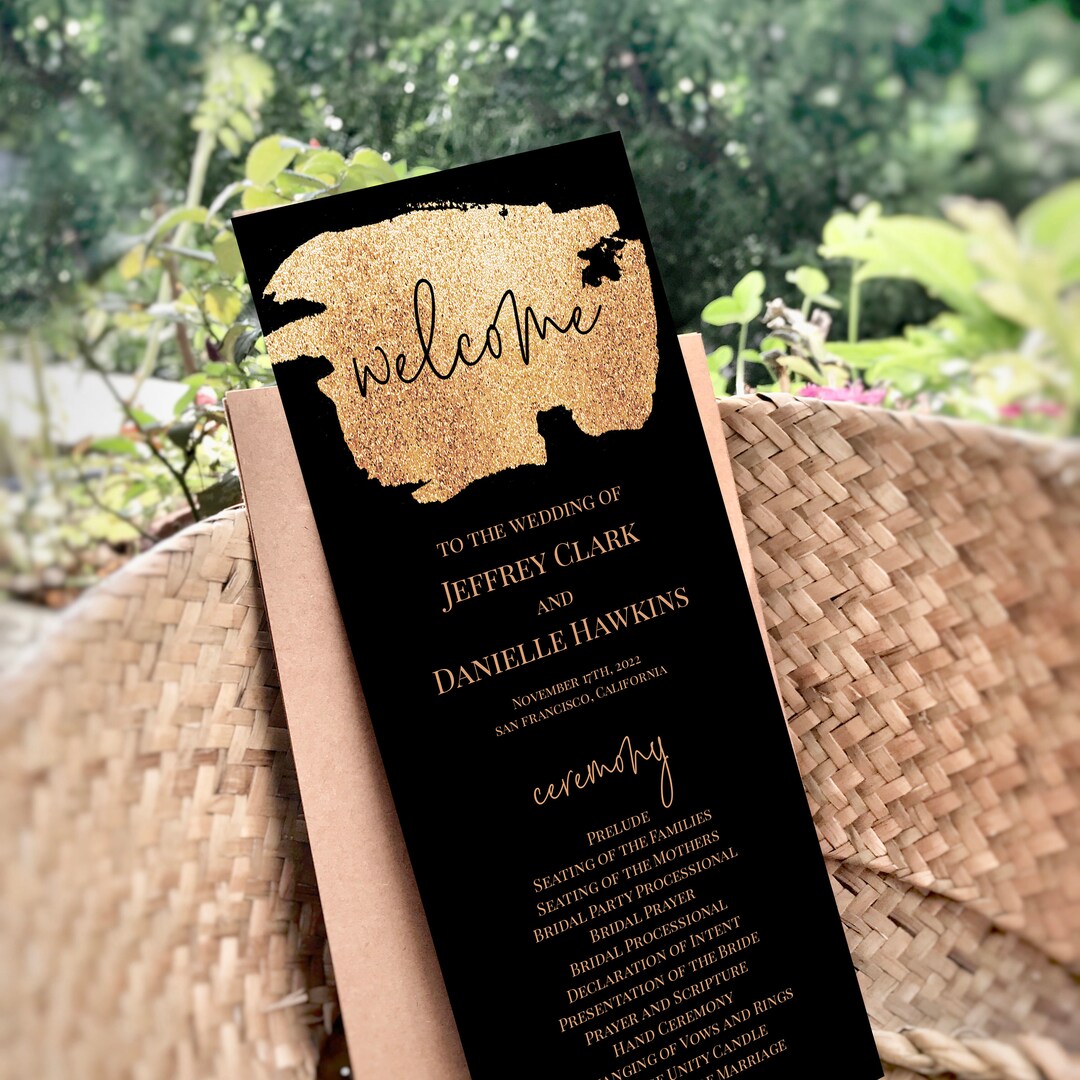 Black and Gold Wedding Program Template, Modern Ceremony Template, DIY ...