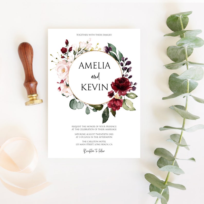 Wedding Invitation Template Burgundy Wedding Invitation - Etsy