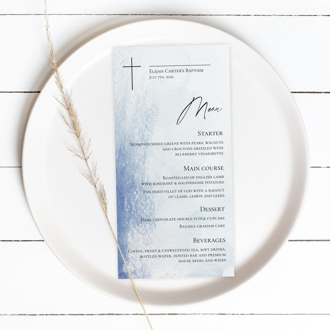 Blue Modern Baptism Menu Card Template Boy Religious Menu Card Editable ...