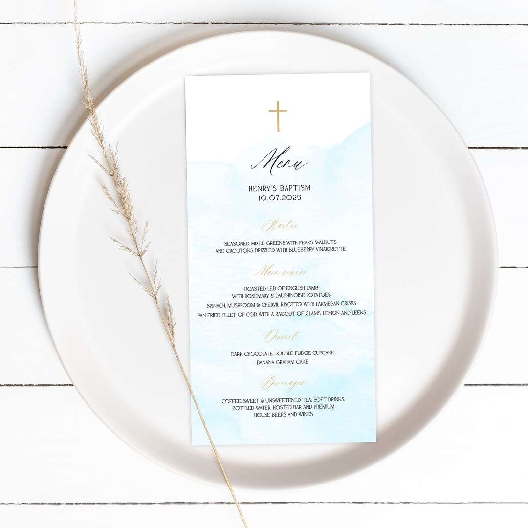 Blue Baptism Menu Template, Watercolor Menu Card, Religious Menu Cards ...