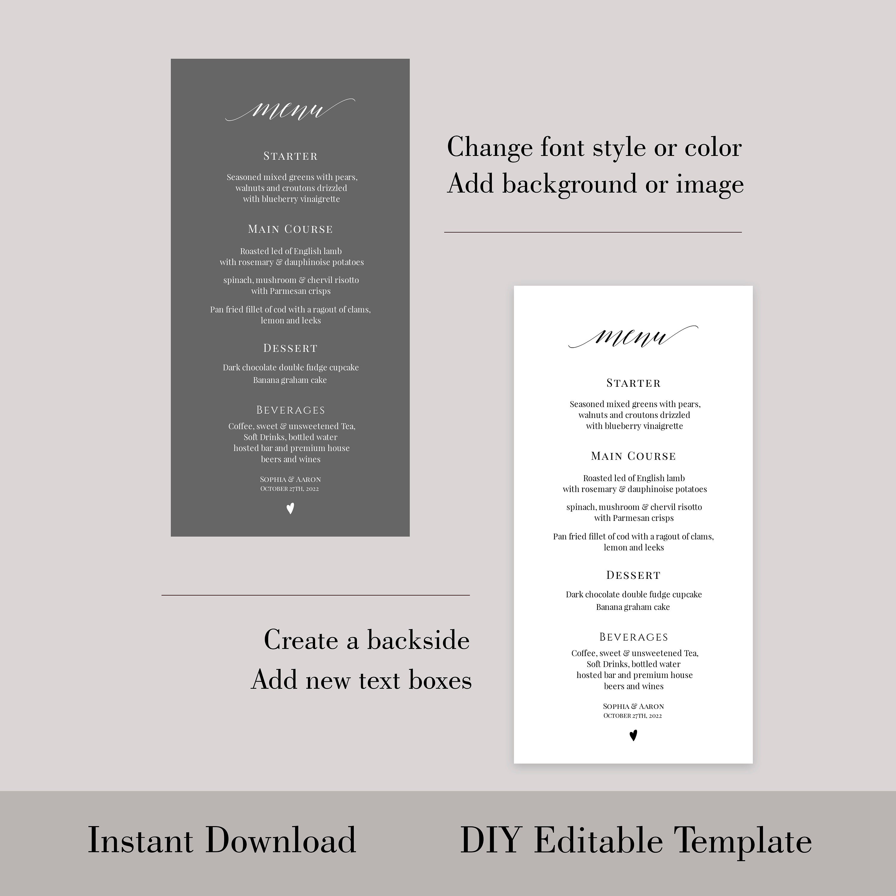 Classic Menu Card Template Simple Menu Modern Wedding Menu - Etsy Canada